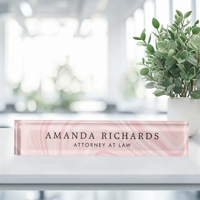 Blush pink satin agate marble desk name plate | Zazzle