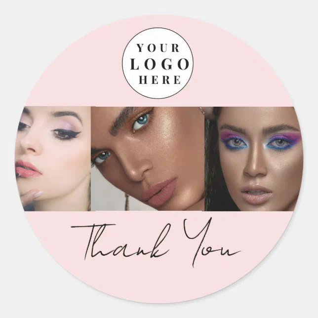 Blush Pink Script Logo Photo Makeup Thank You Classic Round Sticker ...