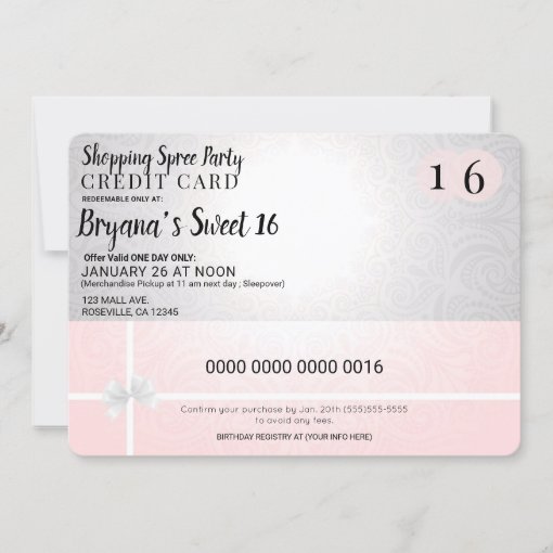 Blush Pink Shopping Spree Credit Sweet 16 Party Invitation | Zazzle