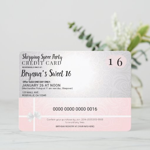 Blush Pink Shopping Spree Credit Sweet 16 Party Invitation | Zazzle