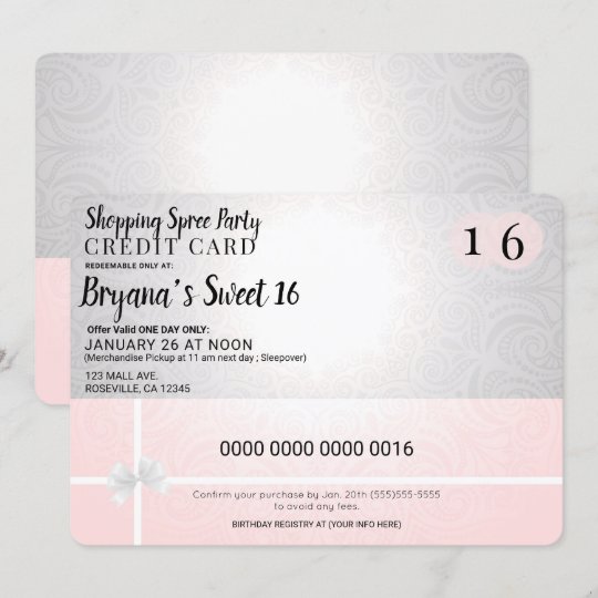 Blush Pink Shopping Spree Credit Sweet 16 Party Invitation | Zazzle.com