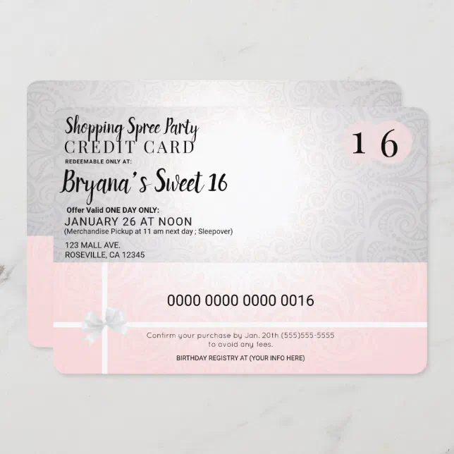 Blush Pink Shopping Spree Credit Sweet 16 Party Invitation | Zazzle