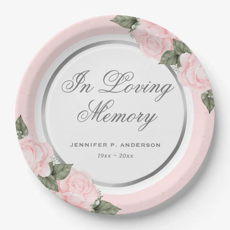 Blush Pink Silver Floral Memorial Funeral Paper Plates | Zazzle