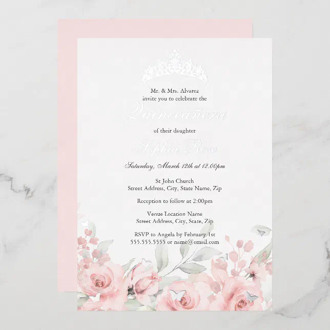 Blush Pink Silver Floral Tiara Quinceanera Foil Invitation | Zazzle