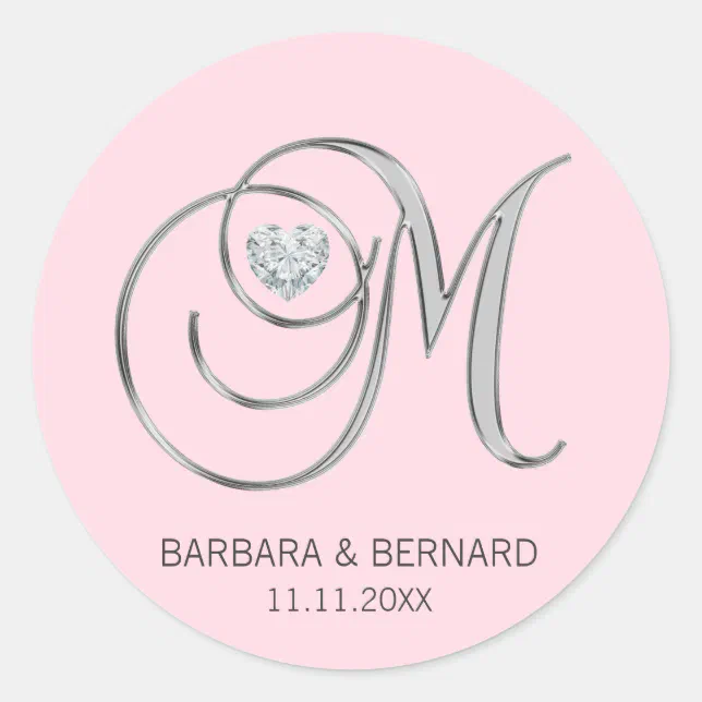 Blush Pink Silver Monogrammed Letter M Wedding Classic Round Sticker ...