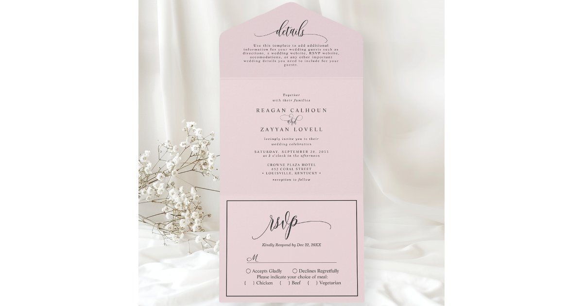 Blush Pink Simple Modern Script All In One Invitation | Zazzle