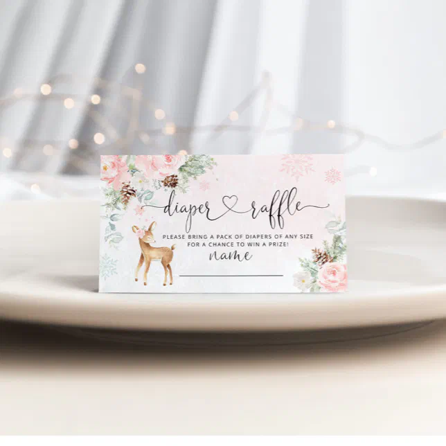 Blush pink snowflakes deer diaper raffle enclosure card | Zazzle
