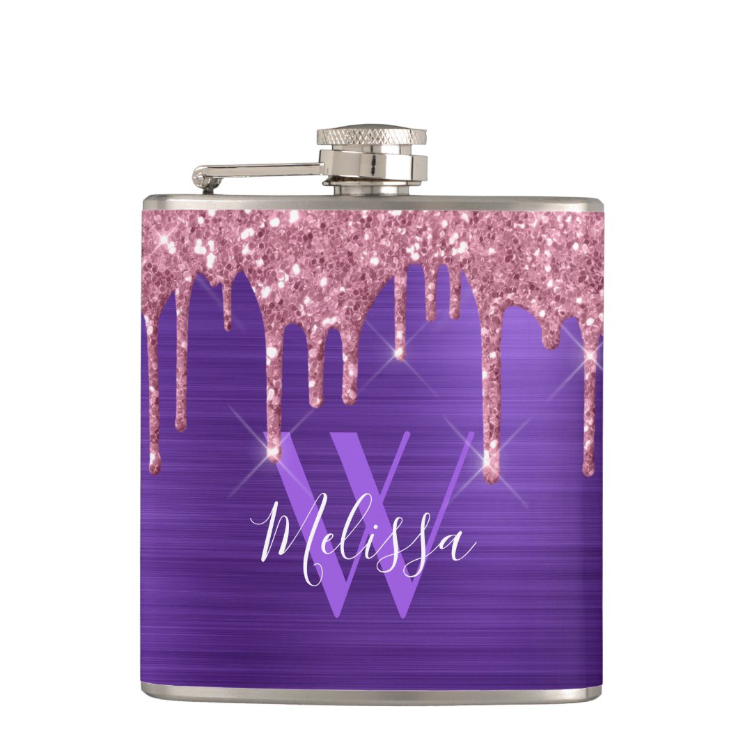 Blush Pink Sparkle Glitter Drips Monogram Purple Flask | Zazzle