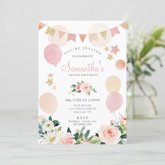 Blush Pink Spring Floral Girl Birthday Party Invitation | Zazzle
