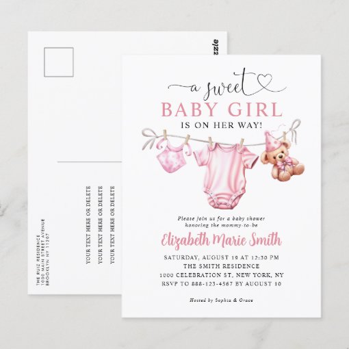 Blush Pink Sweet Little Clothes Girl Baby Shower Postcard | Zazzle
