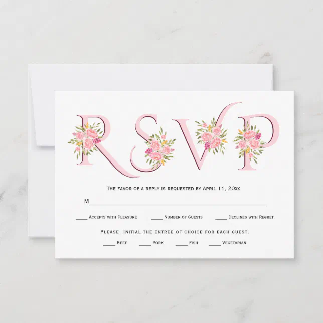 Blush pink typography and pink roses RSVP card | Zazzle