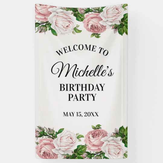 Blush Pink Vintage Floral Birthday Party Welcome Banner | Zazzle.com