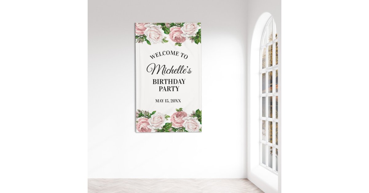 Blush Pink Vintage Floral Birthday Party Welcome Banner | Zazzle