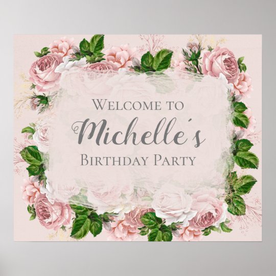 Blush Pink Vintage Floral Birthday Welcome Poster | Zazzle.com