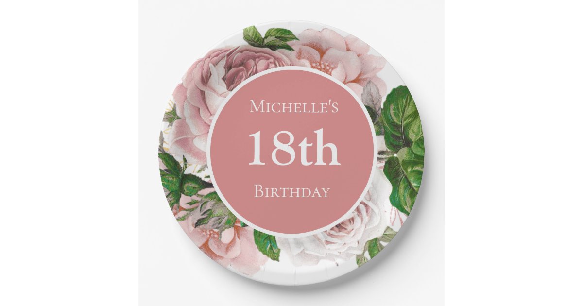Blush Pink Vintage Floral Greenery 18th Birthday Paper Plates | Zazzle