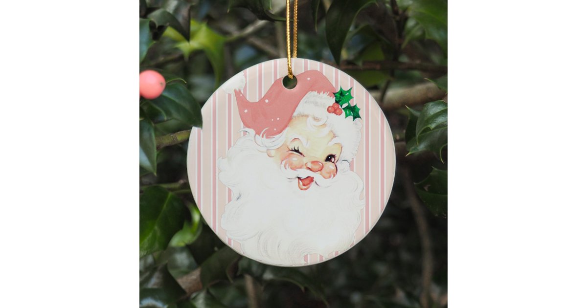 Blush Pink Vintage Winking Santa Christmas Tree Ceramic Ornament | Zazzle