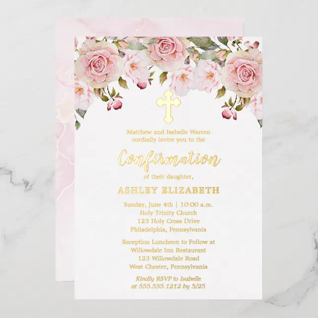 Blush Pink Watercolor Floral Girl Confirmation Foil Invitation | Zazzle