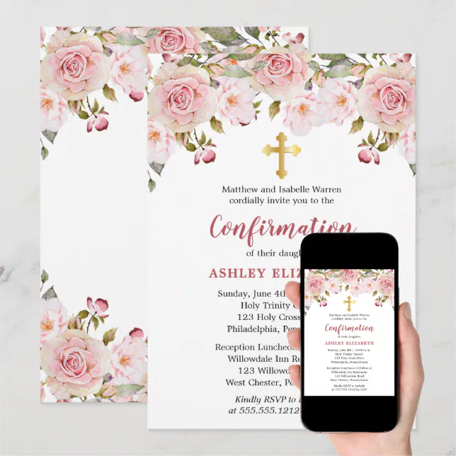 Blush Pink Watercolor Floral Girl Confirmation Invitation | Zazzle