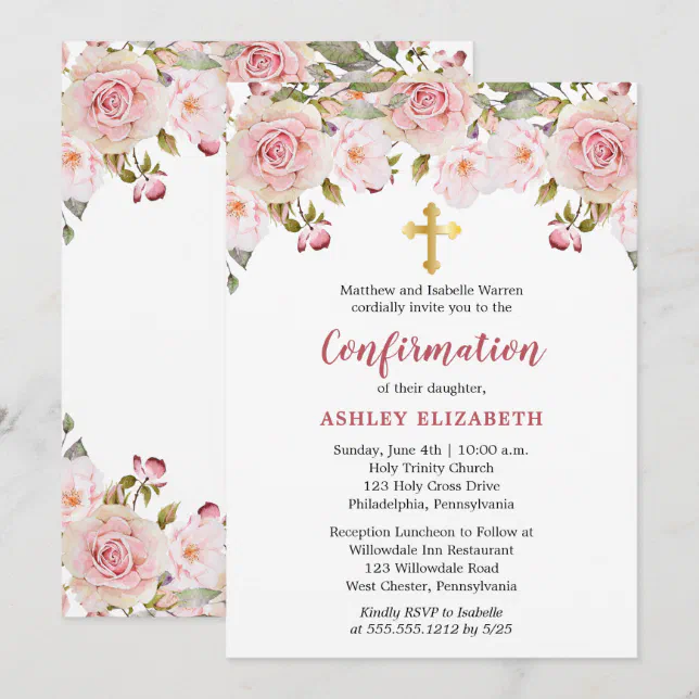 Blush Pink Watercolor Floral Girl Confirmation Invitation | Zazzle