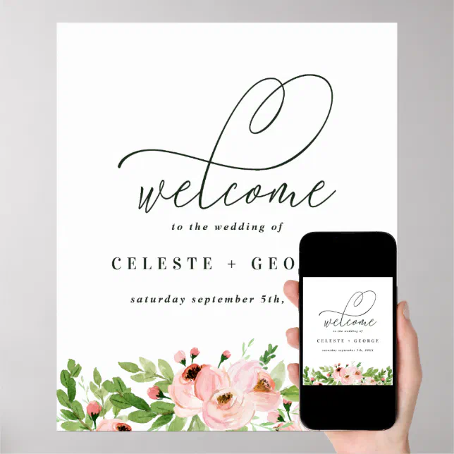 Blush pink watercolor floral wedding welcome poster | Zazzle