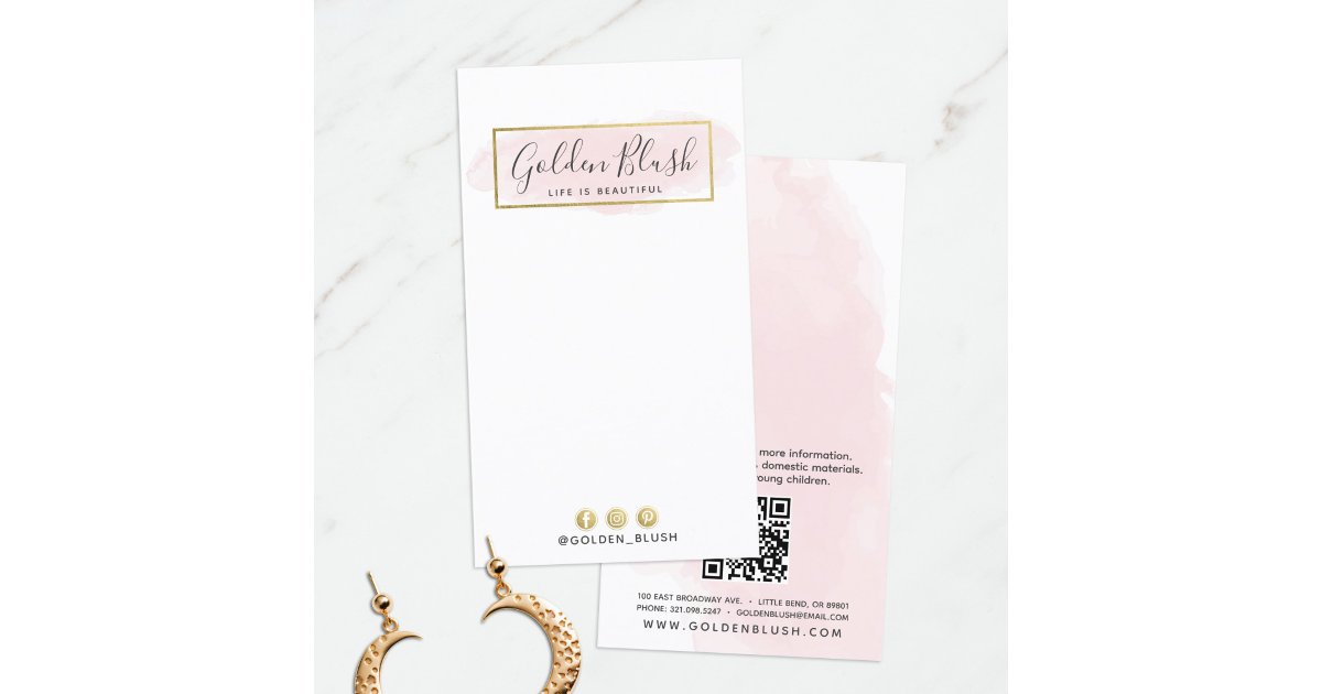 Blush Pink Watercolor Gold Earring Jewelry Display Business Card | Zazzle