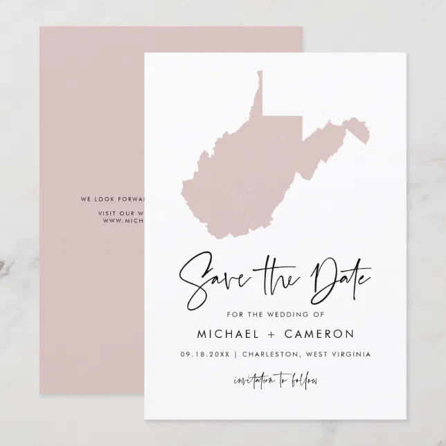 Blush Pink West Virginia Map Minimalist Script Save The Date | Zazzle