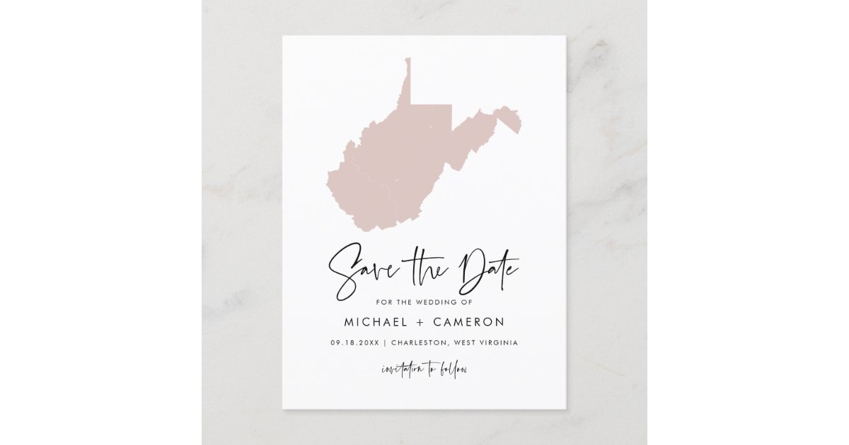 Blush Pink West Virginia Map Script Save the Date Announcement Postcard ...