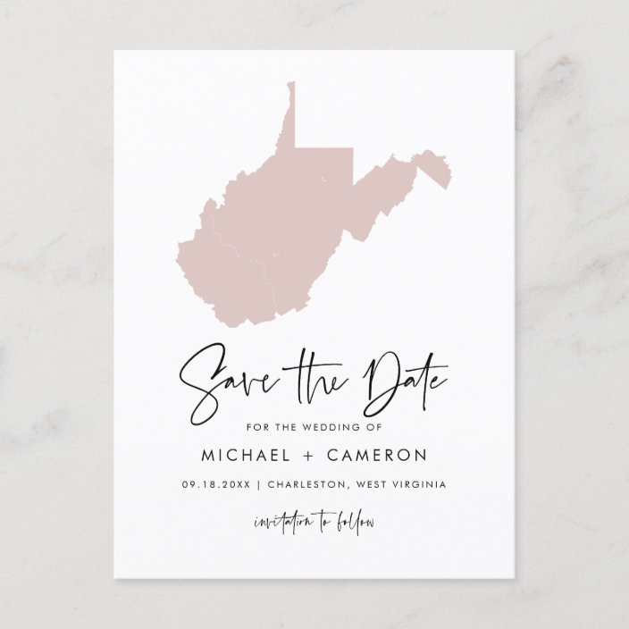 Blush Pink West Virginia Map Script Save the Date Announcement Postcard ...