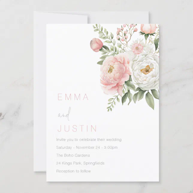 Blush Pink & White Floral Wedding Invitation | Zazzle