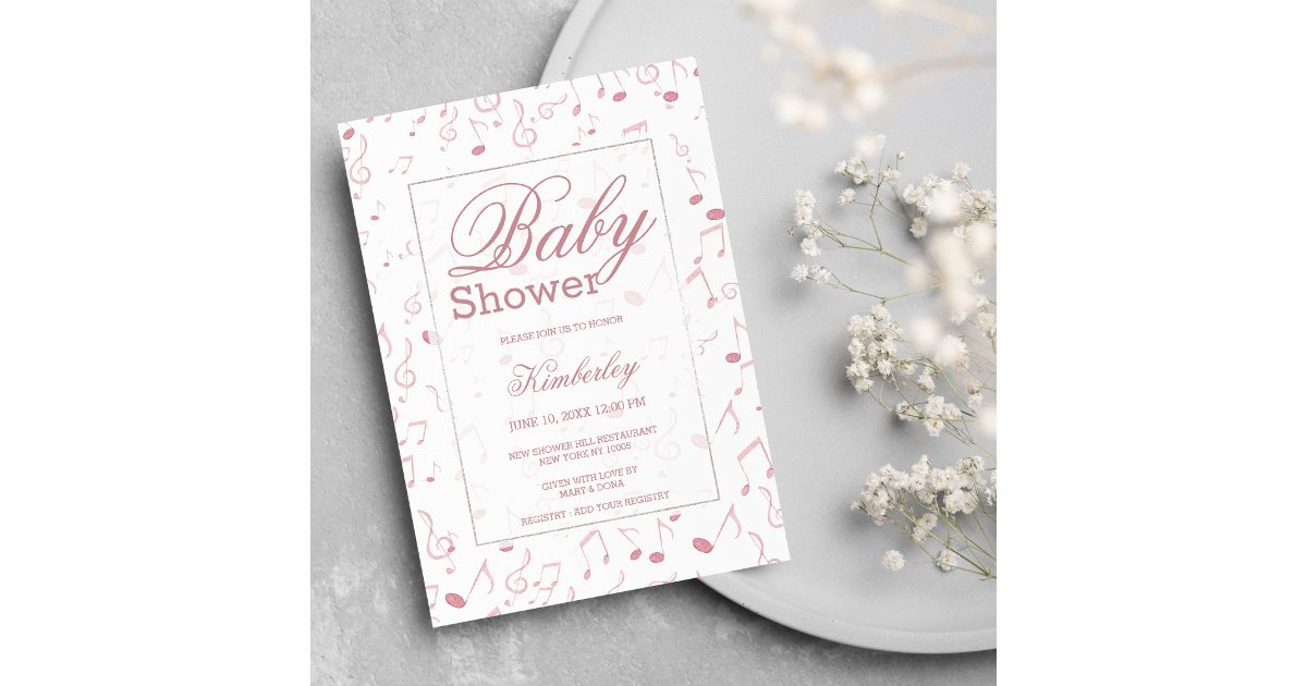 Blush pink white watercolor music note Baby Shower Invitation | Zazzle