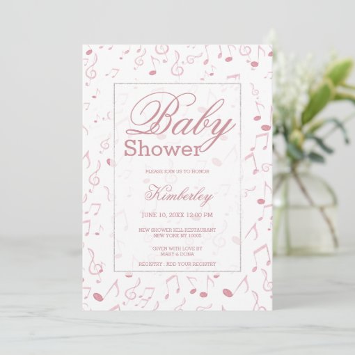 Blush pink white watercolor music note Baby Shower Invitation | Zazzle
