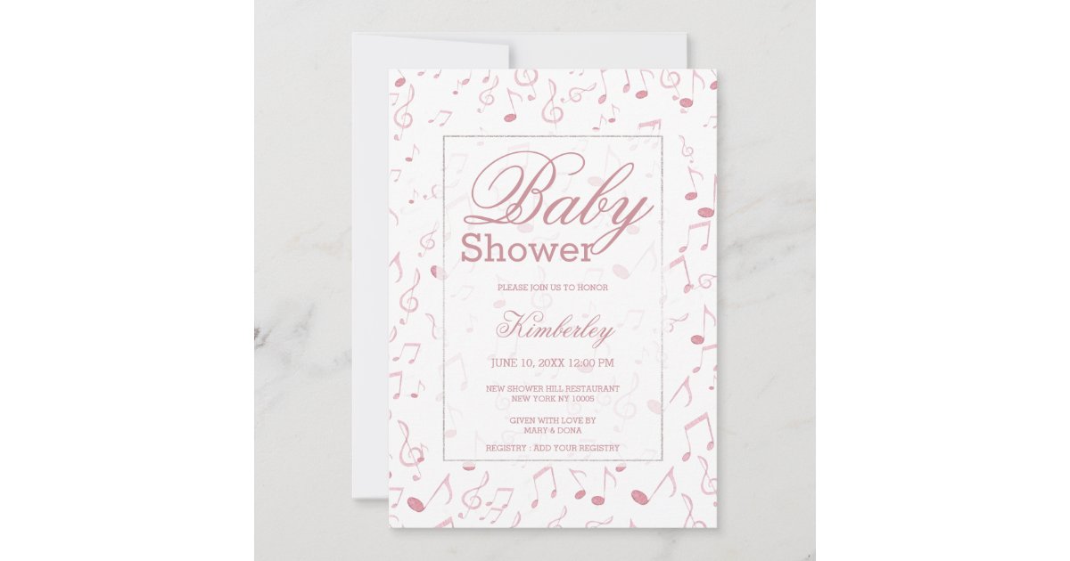 Blush pink white watercolor music note Baby Shower Invitation | Zazzle