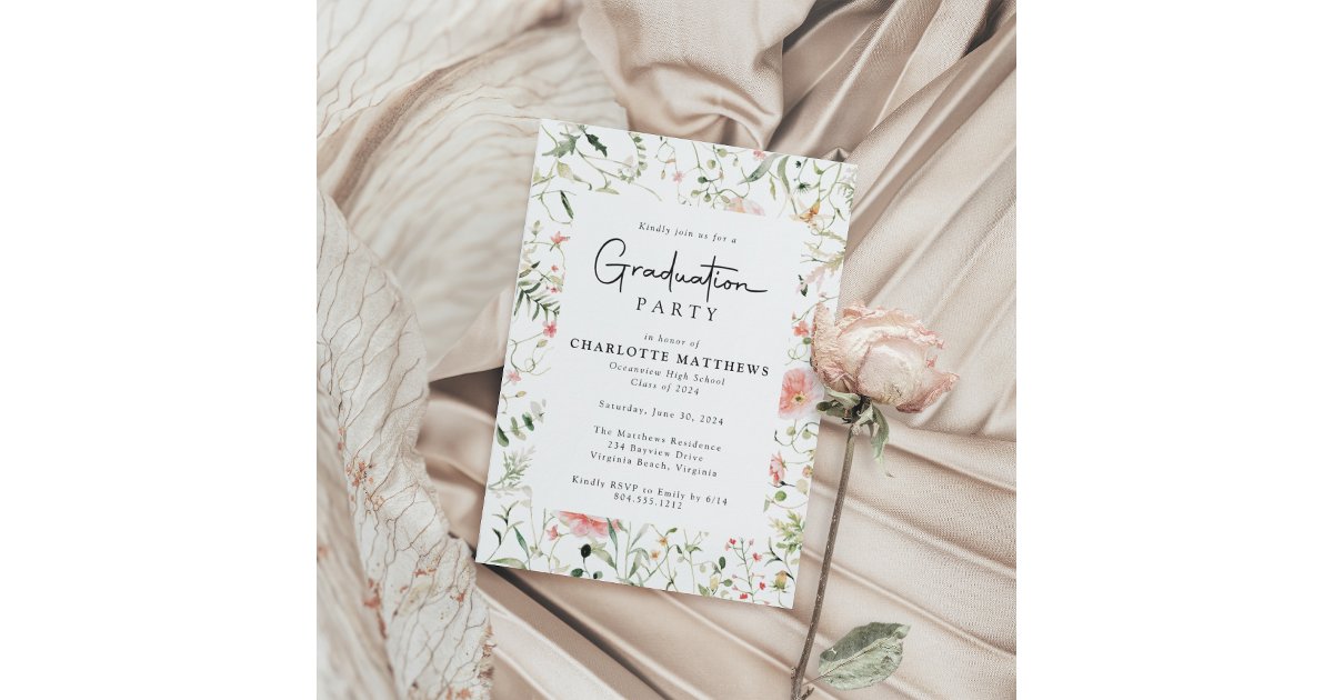 Blush Pink Wildflower Frame Graduation Party Invitation | Zazzle