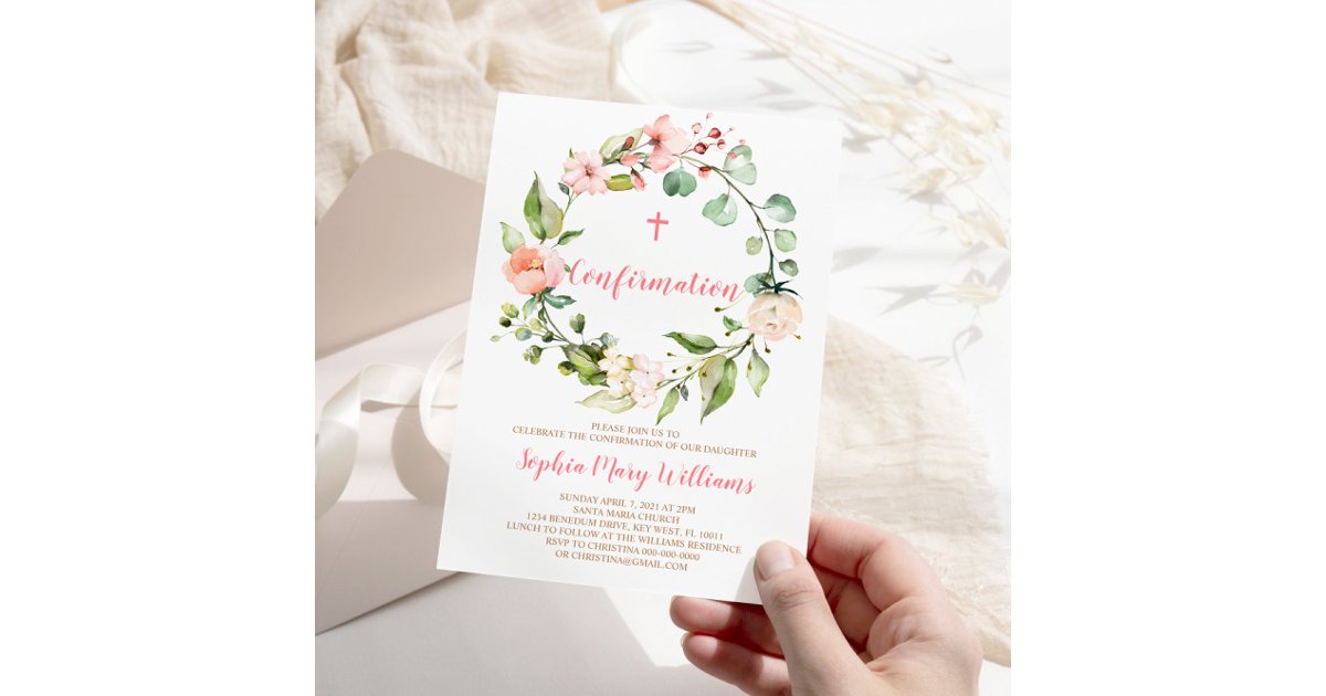 Blush Pink Wreath Baby Girl Confirmation Invitation | Zazzle
