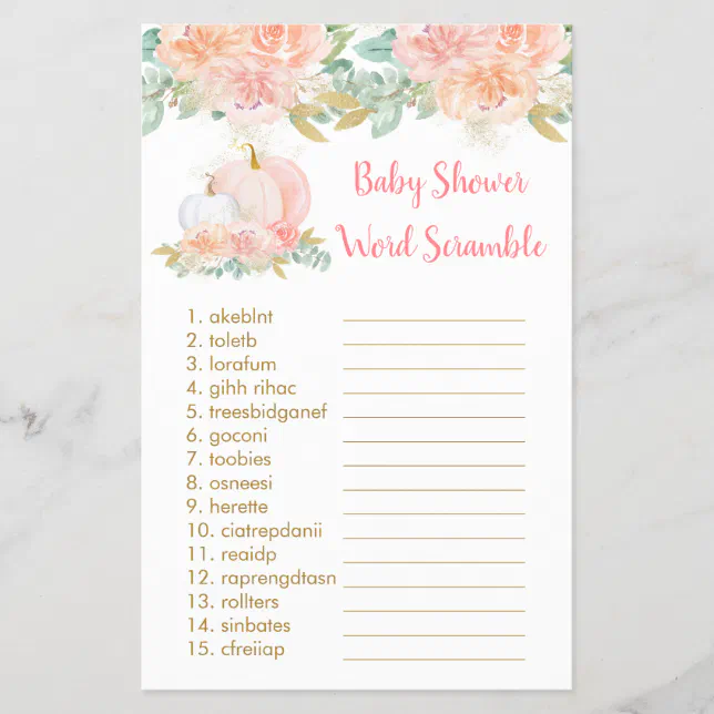 Blush Pumpkin Floral Baby Word Scramble Game | Zazzle