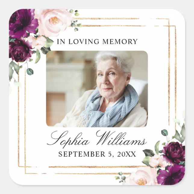 Blush & Purple Memorial Funeral Square Sticker | Zazzle