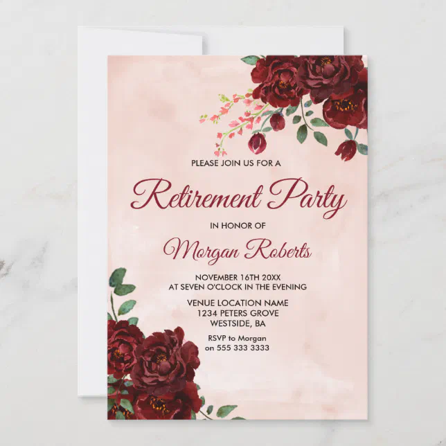 Blush Red Rose Floral Retirement Party Invite | Zazzle
