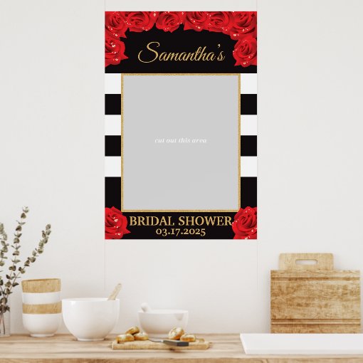 Blush Red Roses and Gold Bridal Shower photo prop Poster | Zazzle