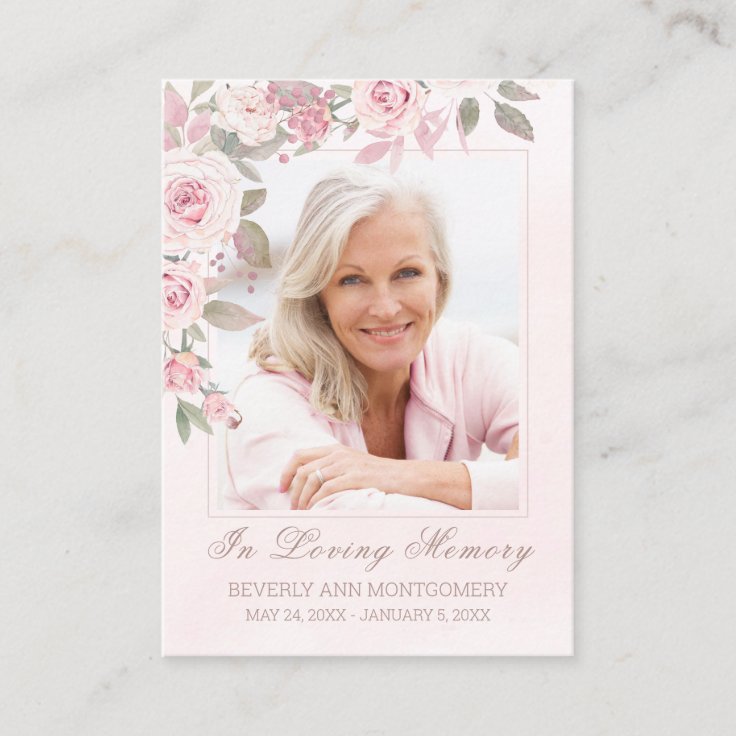 Blush Rose Floral Photo Funeral Memorial Card | Zazzle