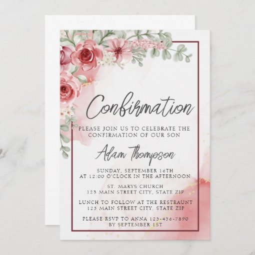 Blush Rose Floral Watercolor Confirmation Invitation | Zazzle