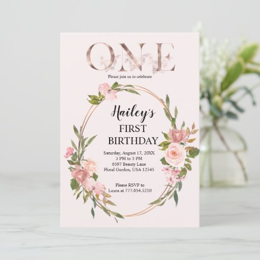 Blush & Rose Gold Floral First Birthday Invitation | Zazzle