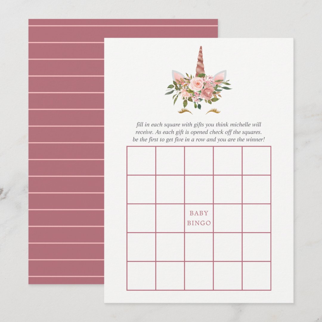 Blush & Rose Gold Floral Unicorn Baby Shower Bingo Invitation | Zazzle