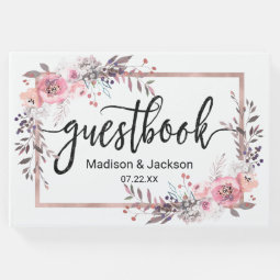 Blush & Rose Gold Framed Floral Wedding Monogram Guest Book | Zazzle