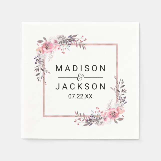 Blush & Rose Gold Framed Floral Wedding Monogram Paper Napkins | Zazzle