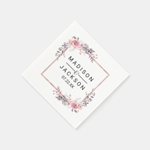 Blush & Rose Gold Framed Floral Wedding Monogram Paper Napkins | Zazzle