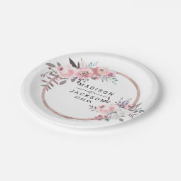 Blush & Rose Gold Framed Floral Wedding Monogram Paper Plates | Zazzle