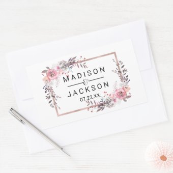 Blush & Rose Gold Framed Floral Wedding Monogram Rectangular Sticker ...