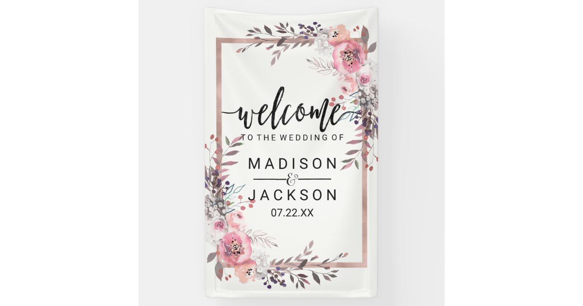 Blush & Rose Gold Framed Floral Wedding Welcome Banner | Zazzle