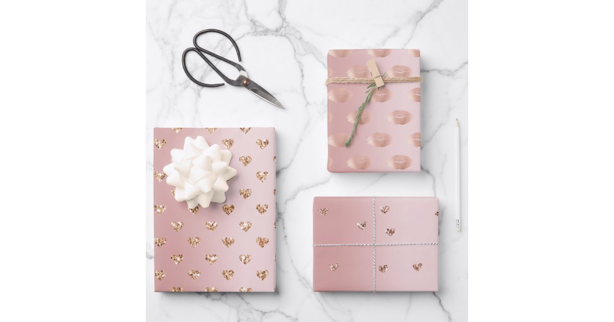 Blush Rose Gold Glitter Hearts Kisses Wrapping Paper Sheets | Zazzle