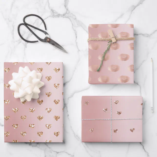 Blush Rose Gold Glitter Hearts Kisses Wrapping Paper Sheets | Zazzle